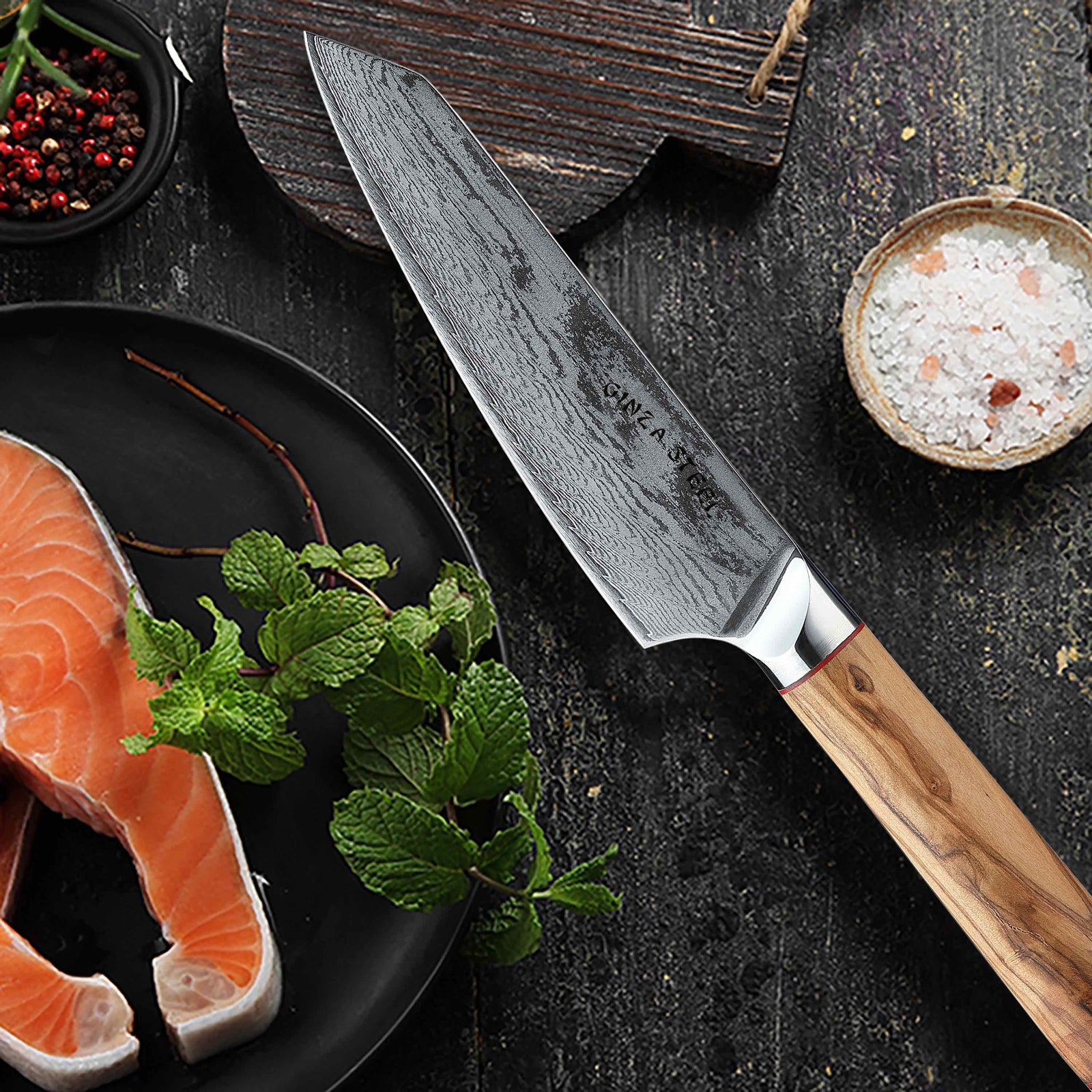 Ginza Steel MIA 17 6.5” Chef Knife – Damascus AUS10 Steel with Olive ...
