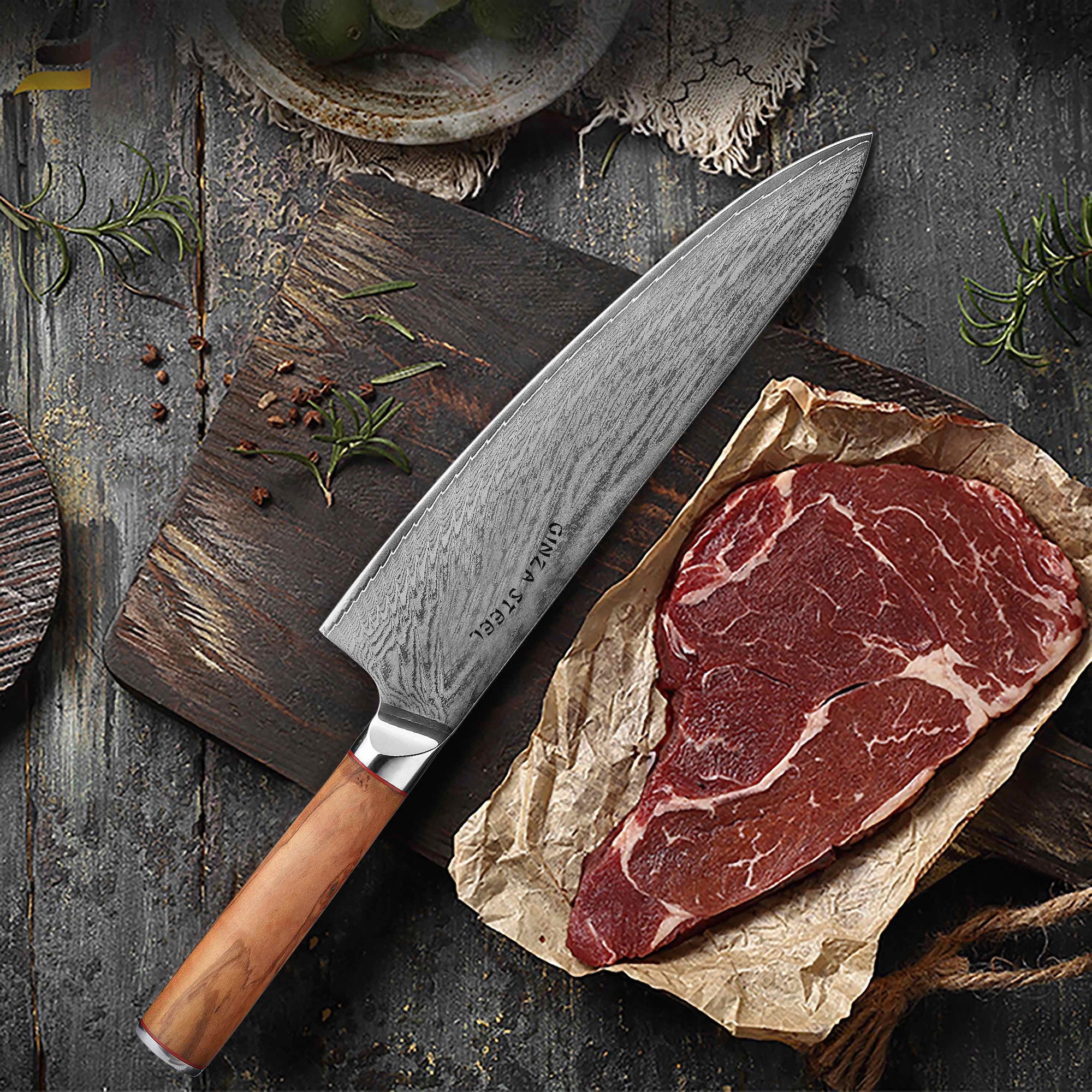 Ginza Steel MIA 24 9” Chef Knife – Damascus AUS10, Olive Wood Handle