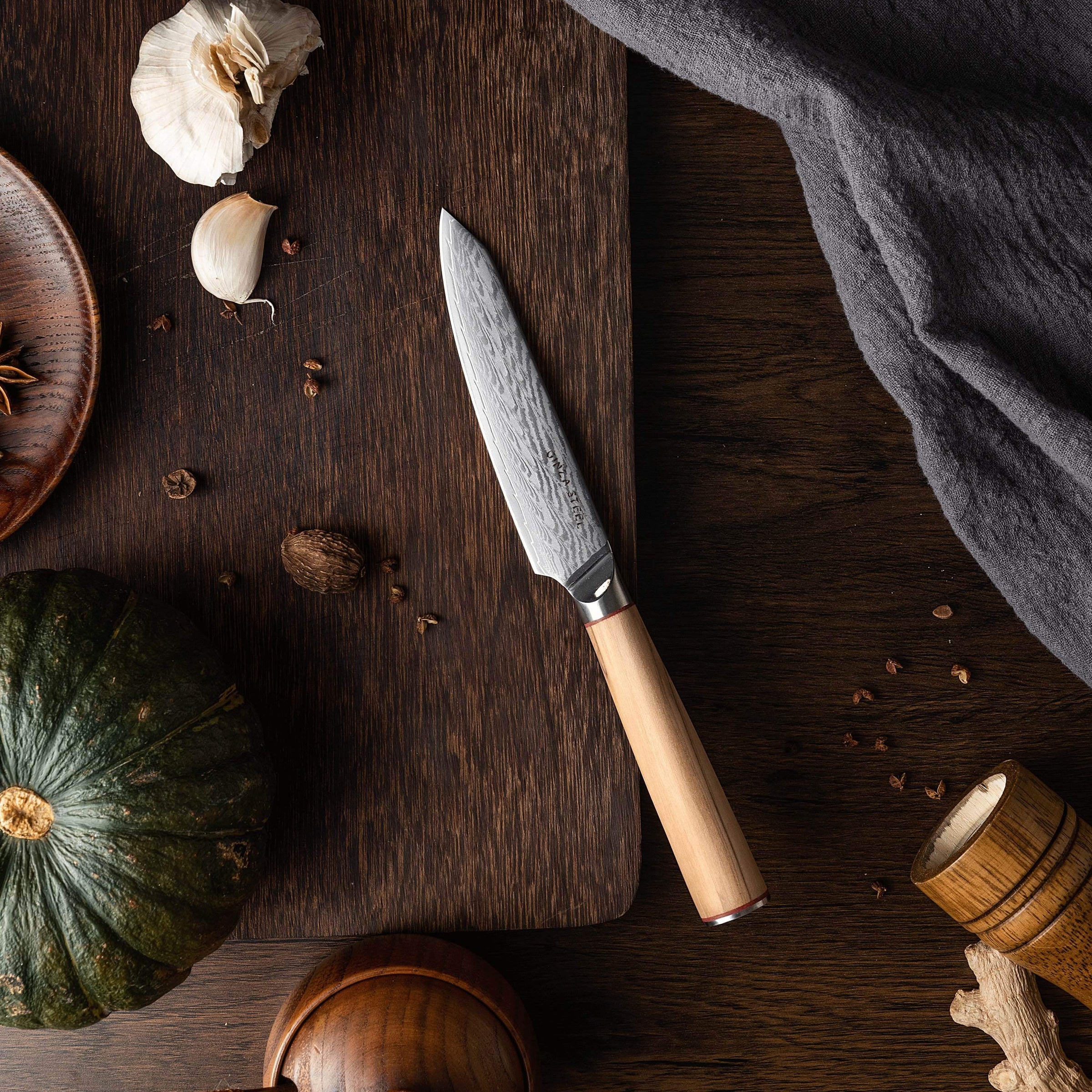 Ginza Steel MIA 12 5” Utility Knife – Damascus AUS10, Olive Wood Handle