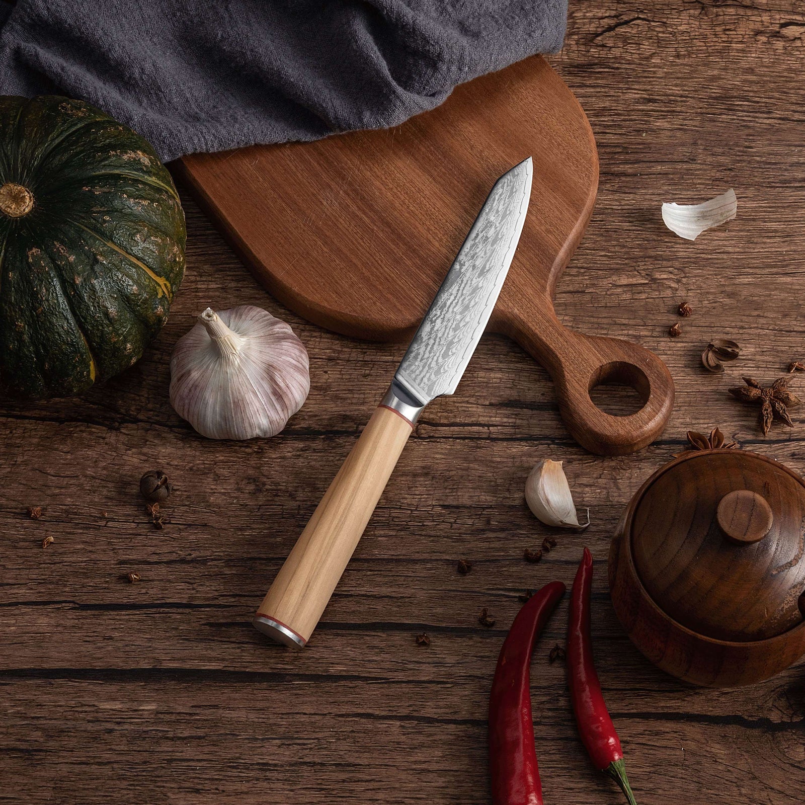 Ginza Steel MIA 12 5” Utility Knife – Damascus AUS10, Olive Wood Handle